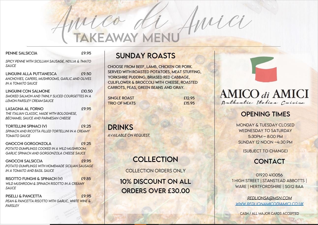 Italian Restaurant | Amico Di Amici | The Red Lion Pub | Stanstead ...